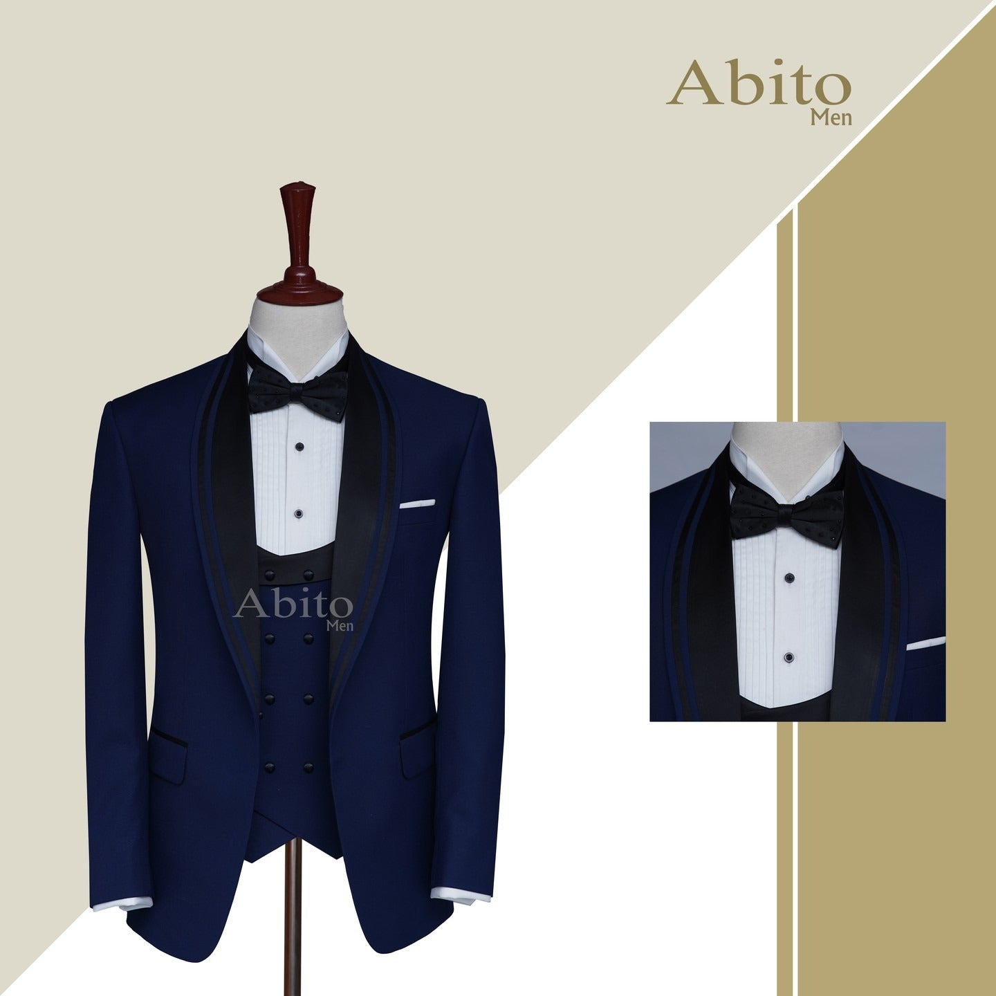 Double piping tuxedo 3pc suit with tux shirt and Bow tie. – ABITOMEN